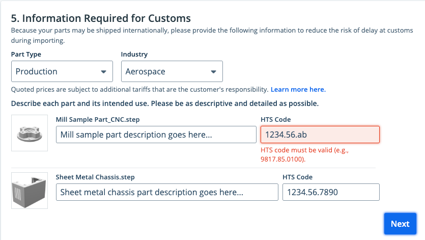 Screenshot of Xometry HTS code validation during checkout.