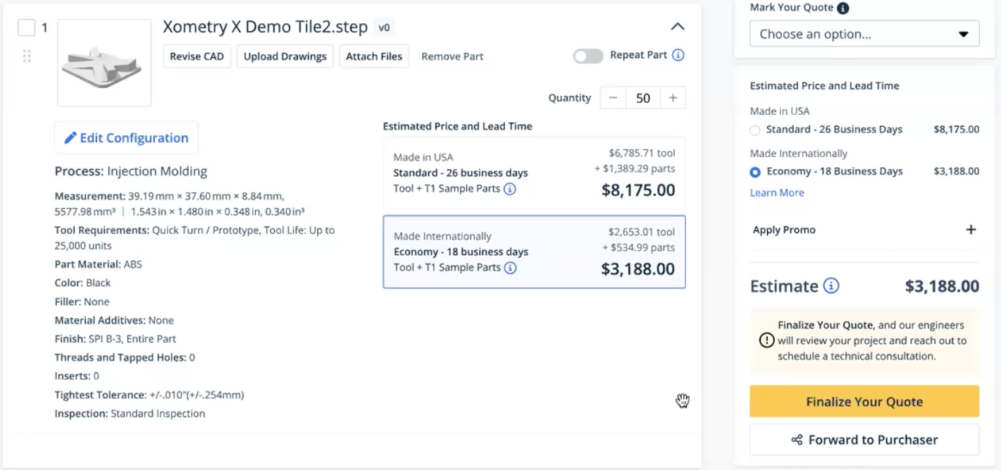 Screenshot of an instant pricing estimate for an injection molding order