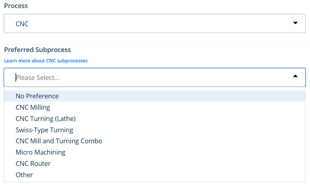 CNC Preffered Subprocess dropdown menu