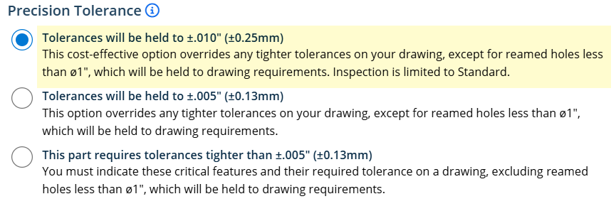 Looser CNC tolerance selection in Xometry IQE.