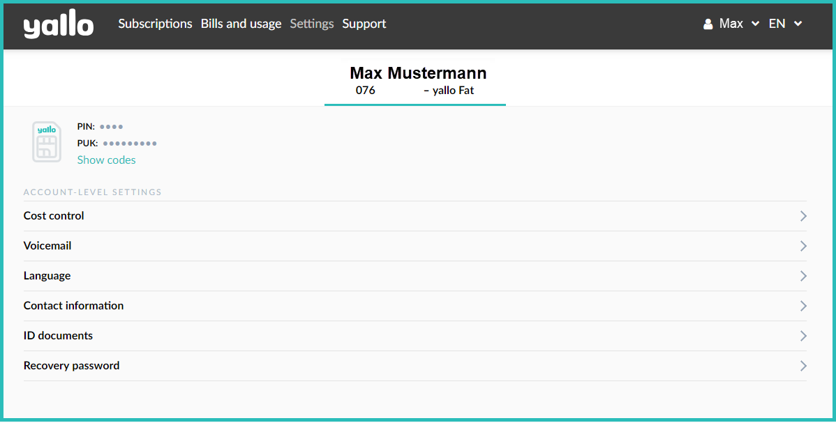 yallo - Settings in my yallo