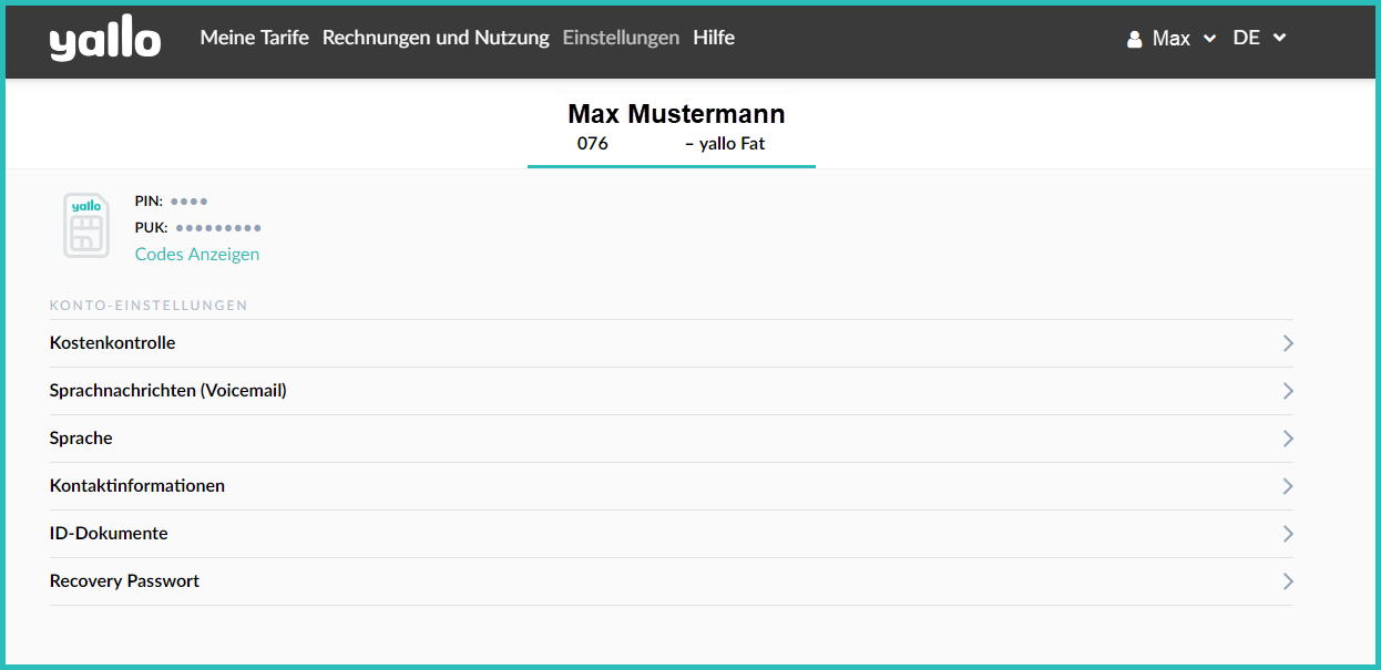 yallo - Einstellungen in my yallo